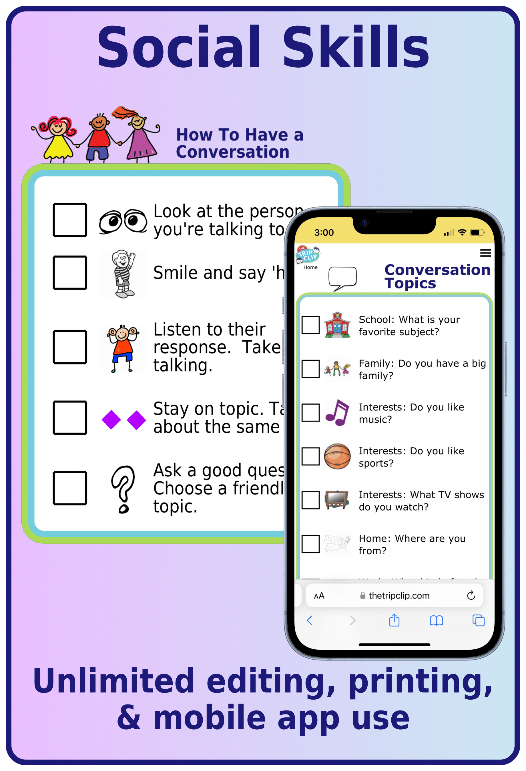 Editable Social Skills Checklists w/ Pictures: Mobile & Printed