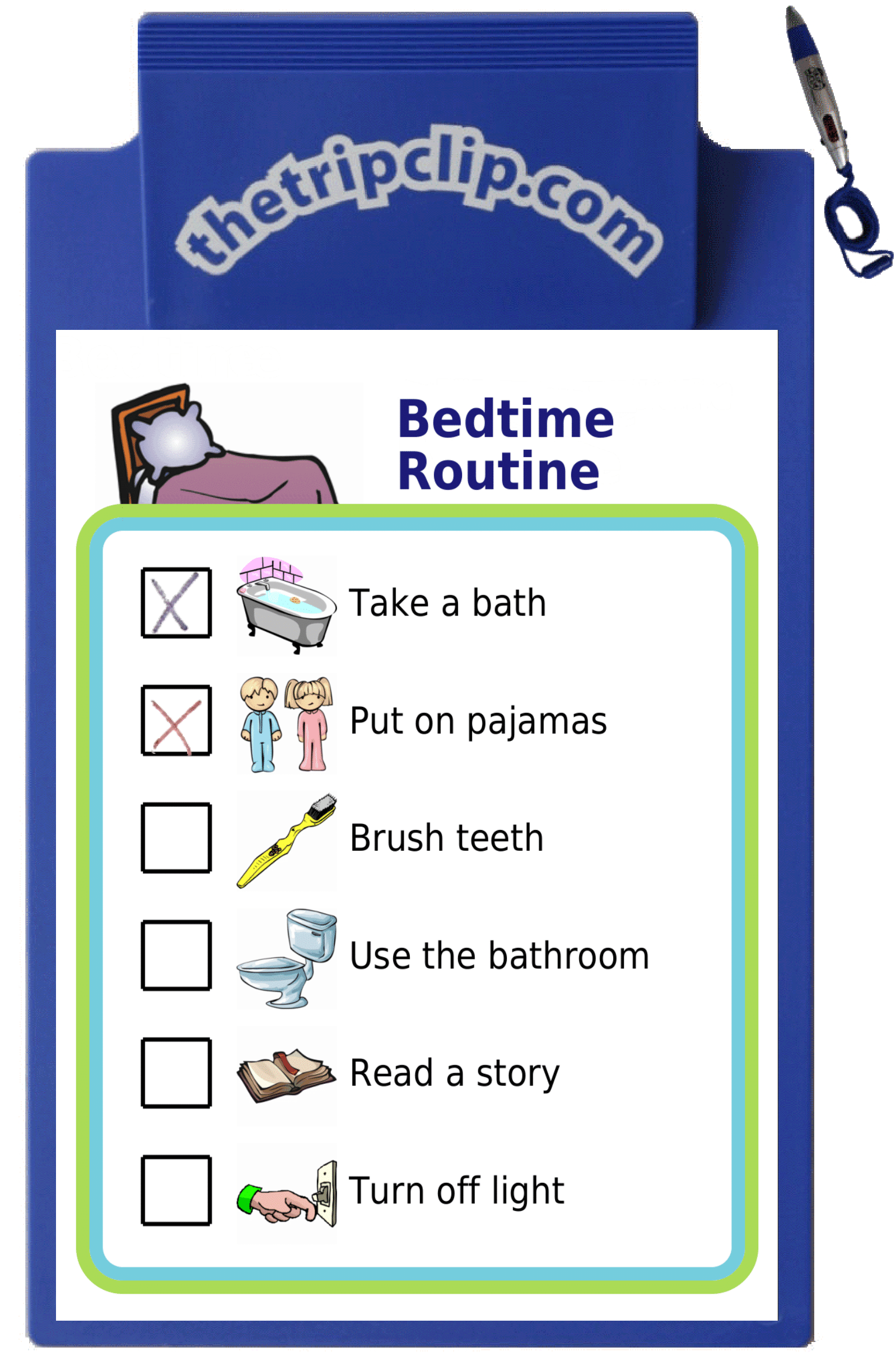 Bedtime Routine, Kid-sized Clipboard & 4-Color Pen