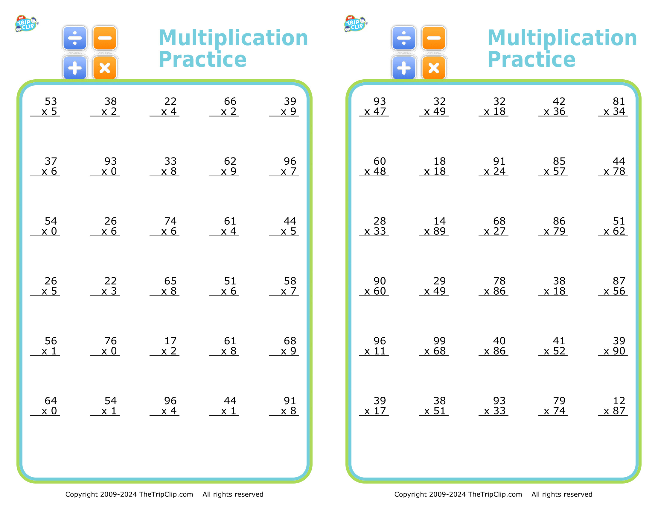 Math: 2 Digit Multiplication (PDF)