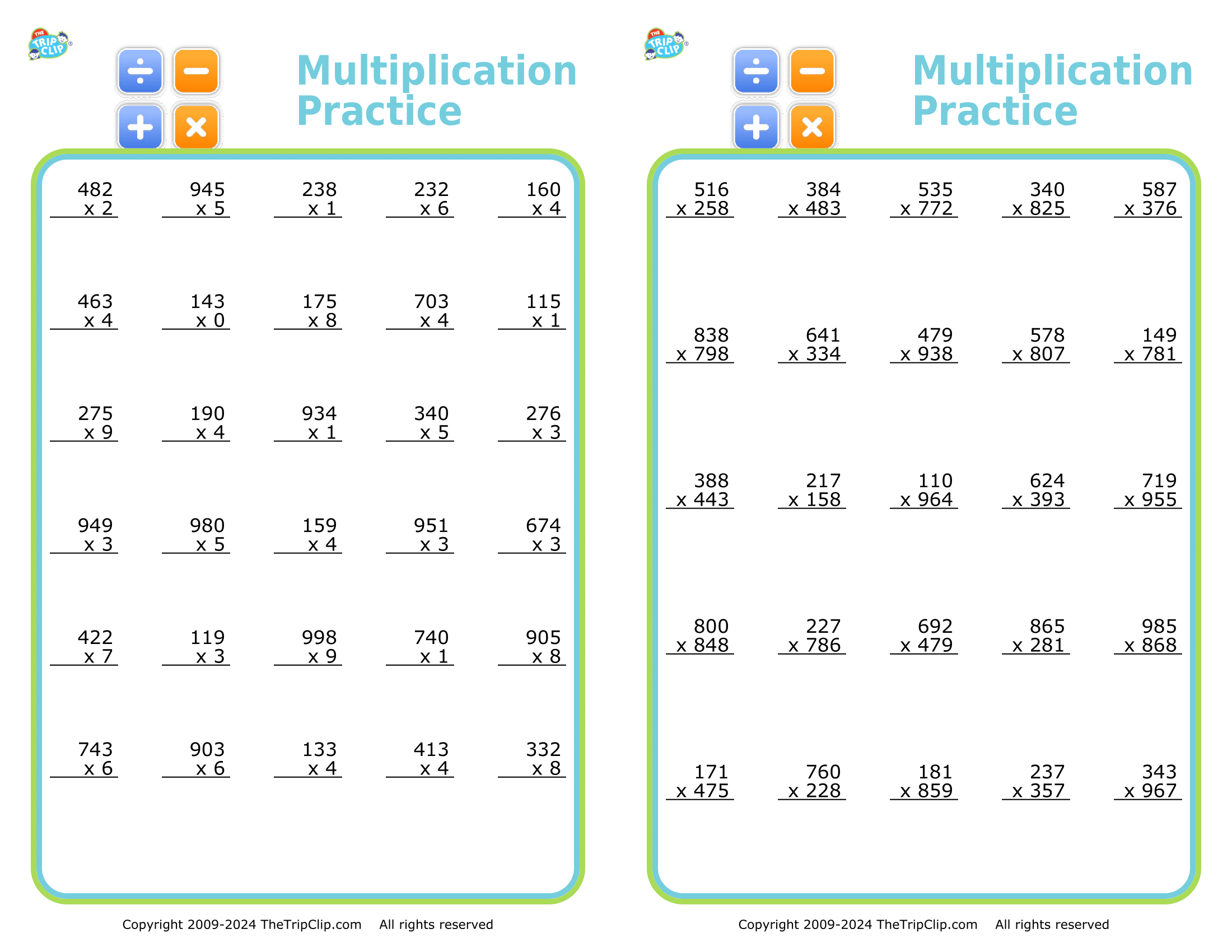 Math: 3 Digit Multiplication (PDF)