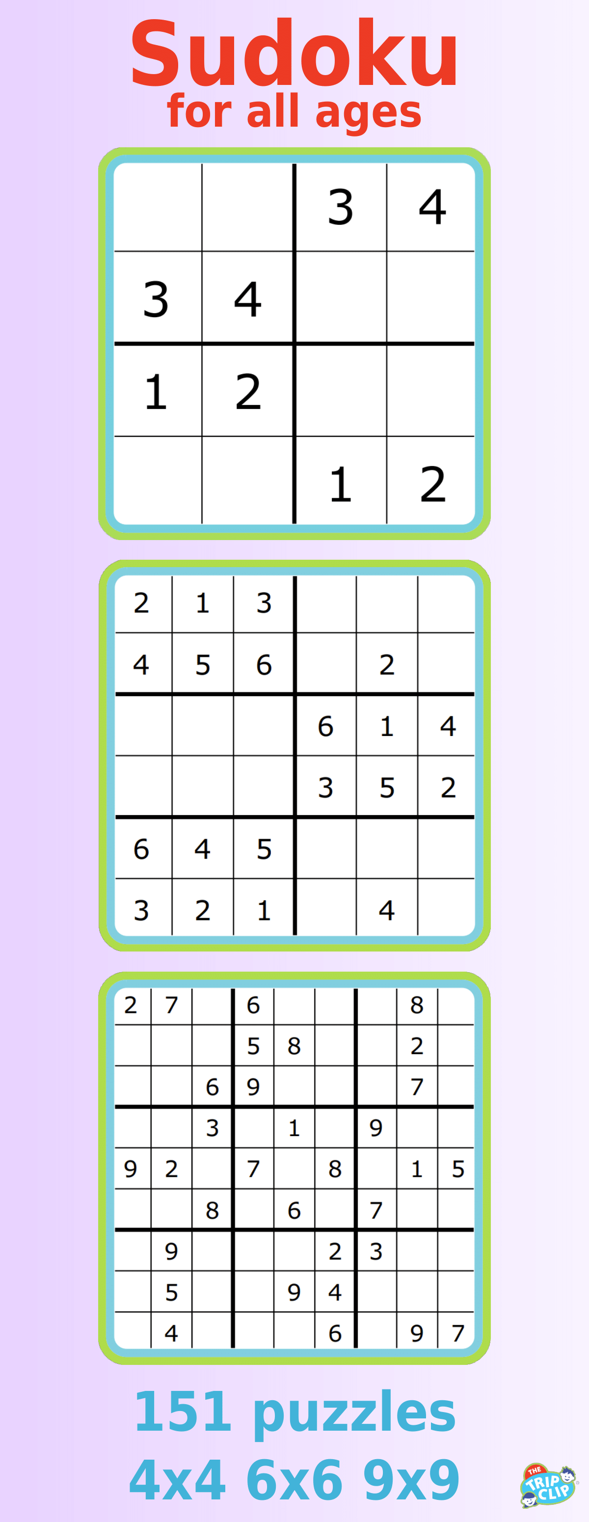 270 Printable Sudoku Puzzles: 4x4, 6x6, & 9x9